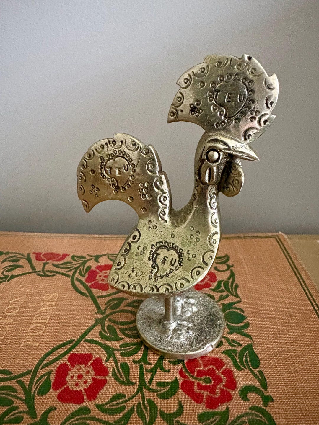 Vintage Portugal ROOSTER Figure, 1970's, Alpaca Metal, Heart and ...