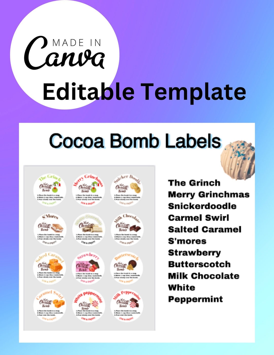 Cocoa Bomb Labels With Flavors editable Holiday Gift Tags, All ...