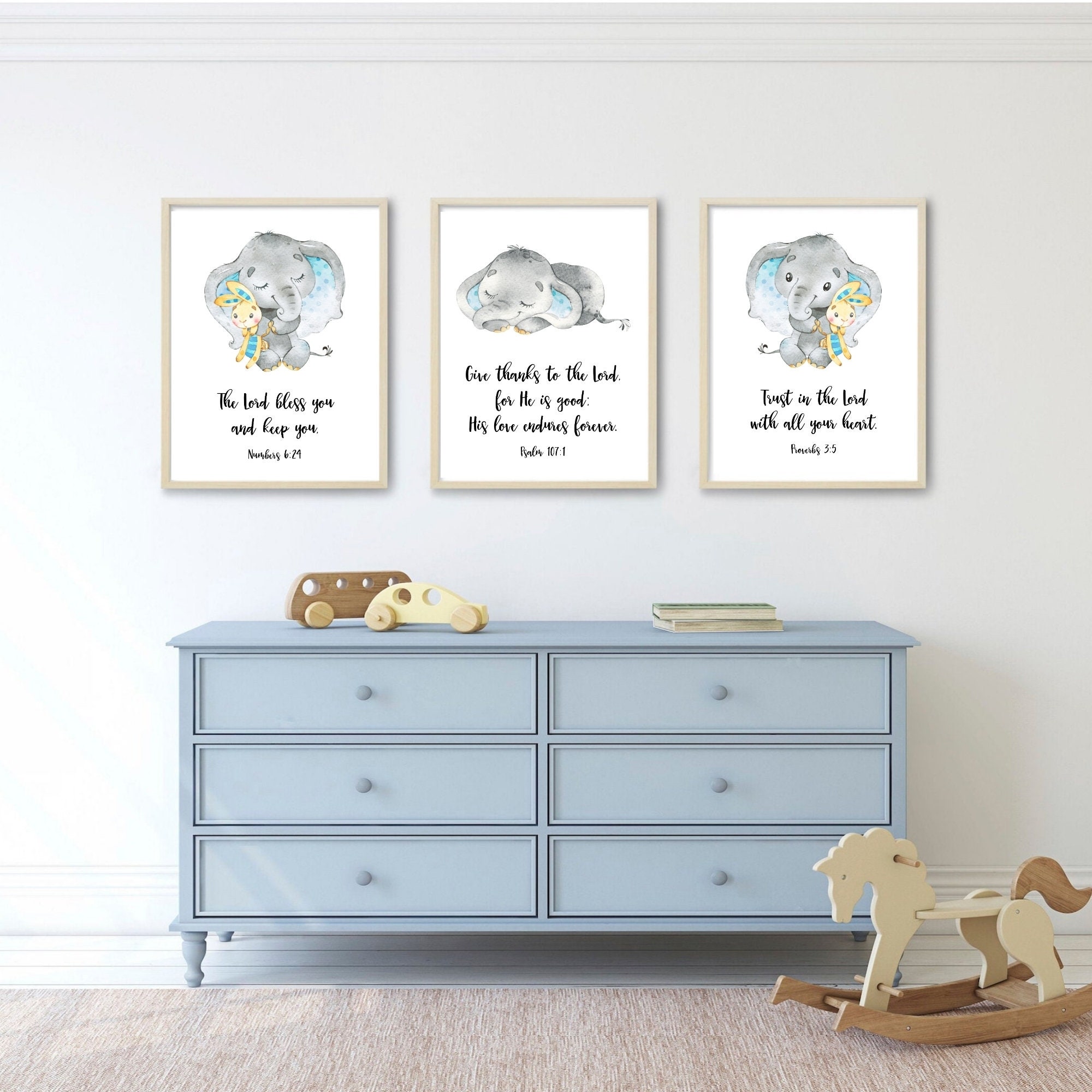 Baby Boy Elephant Nursery Wall Art Set of 3. Kid's Bible Verse Wall Art ...