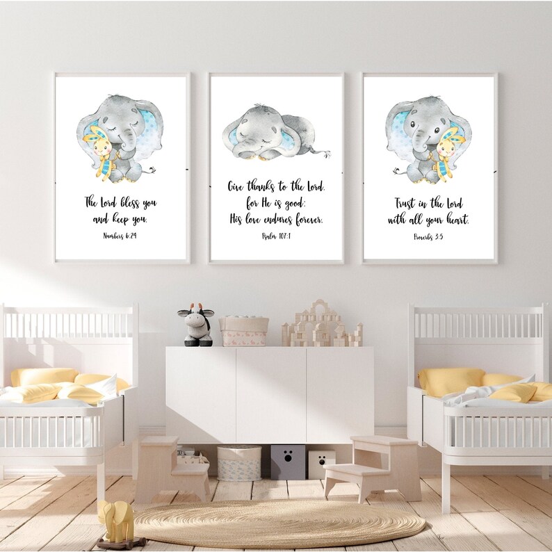 Baby Boy Elephant Nursery Wall Art Set of 3. Kid's Bible Verse Wall Art ...
