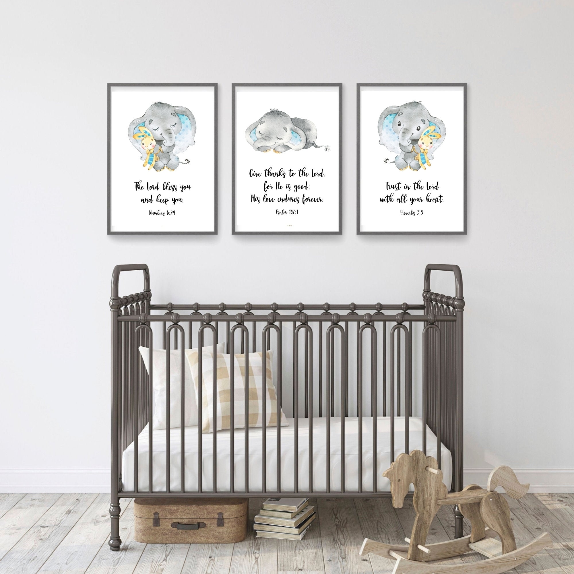 Baby Boy Elephant Nursery Wall Art Set of 3. Kid's Bible Verse Wall Art ...
