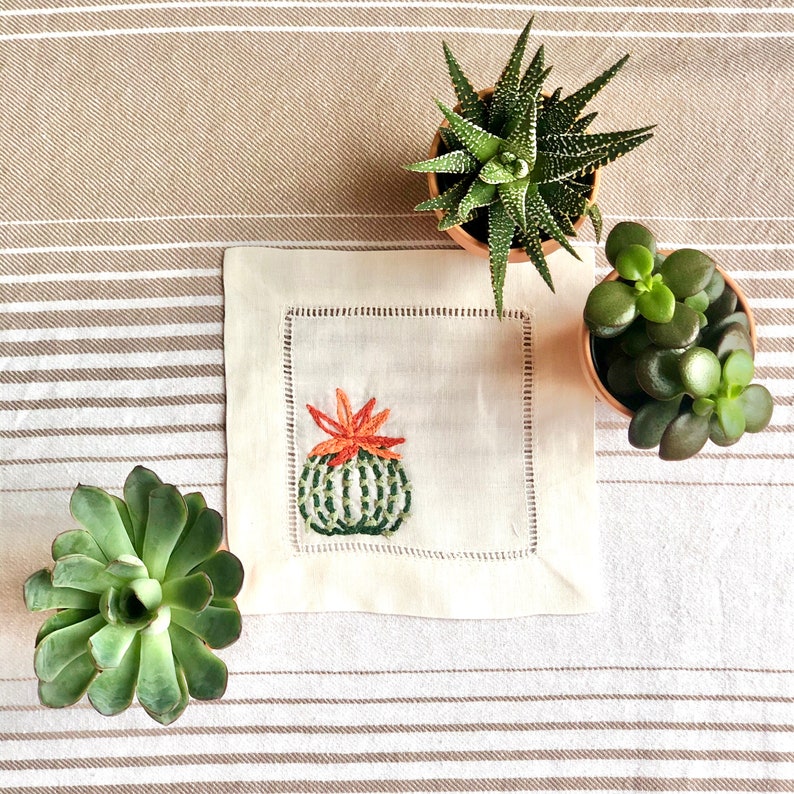 Hand Embroidered Cactus Cocktail Napkins - Ecru - Etsy