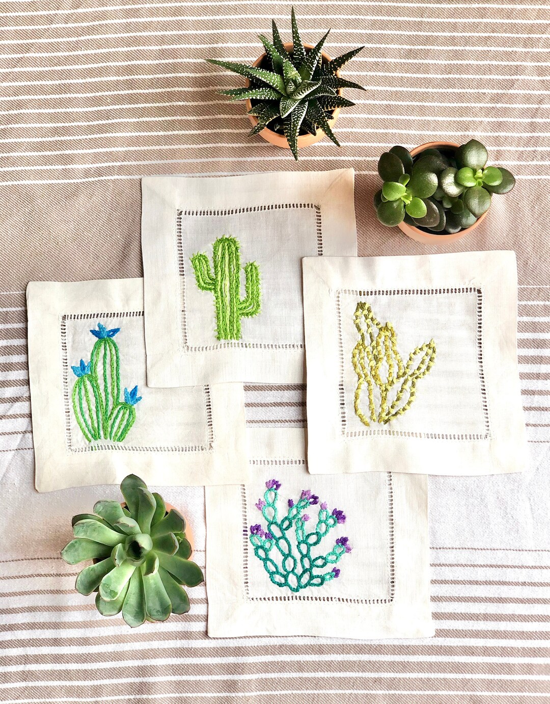 Hand Embroidered Cactus Cocktail Napkins - Ecru - Etsy