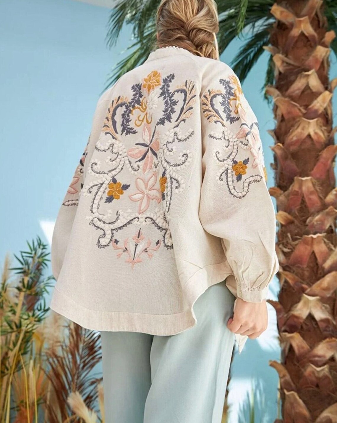 Cotton Vintage Flower Embroidery Jacket Rave Jacket Cotton Loose Shirt ...