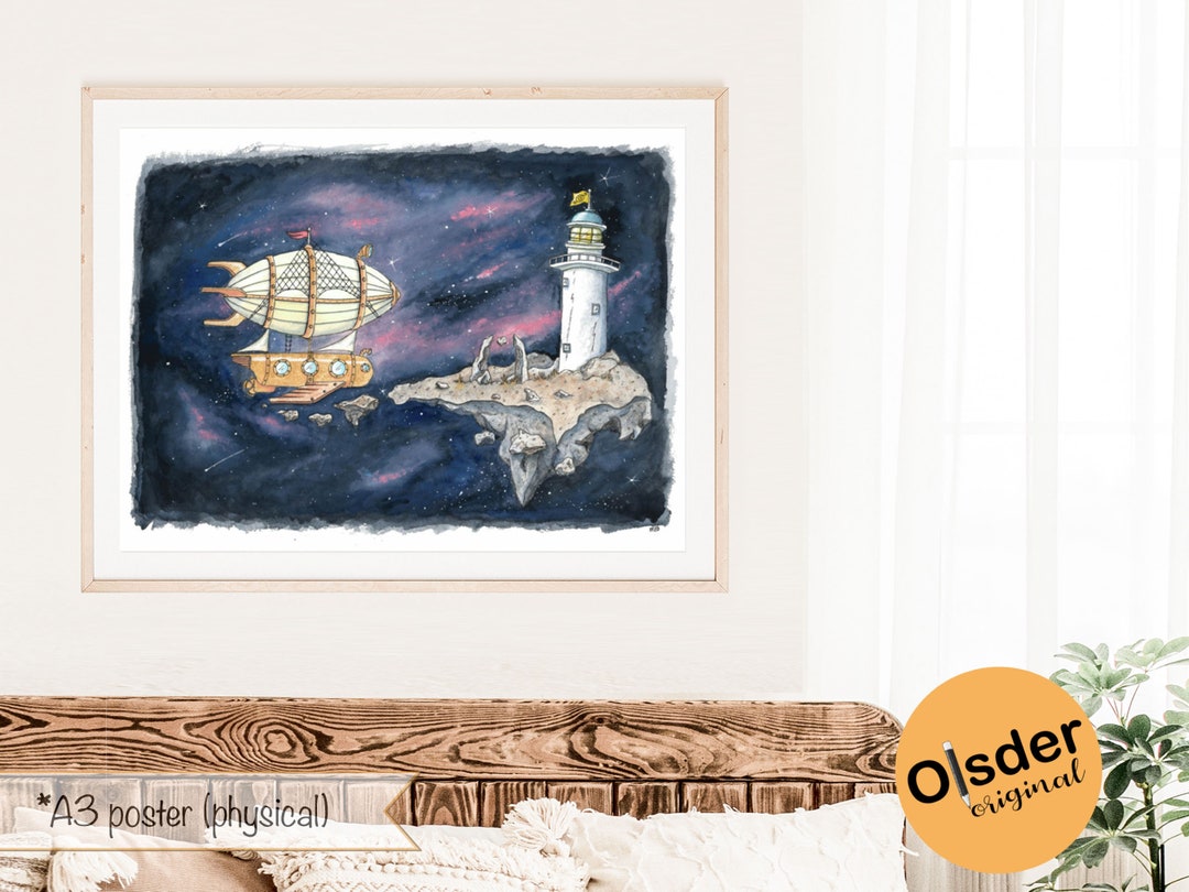 Poster Space Zeppelin | Art Aquarel | Fantasy Wall Art | Colorful - Etsy