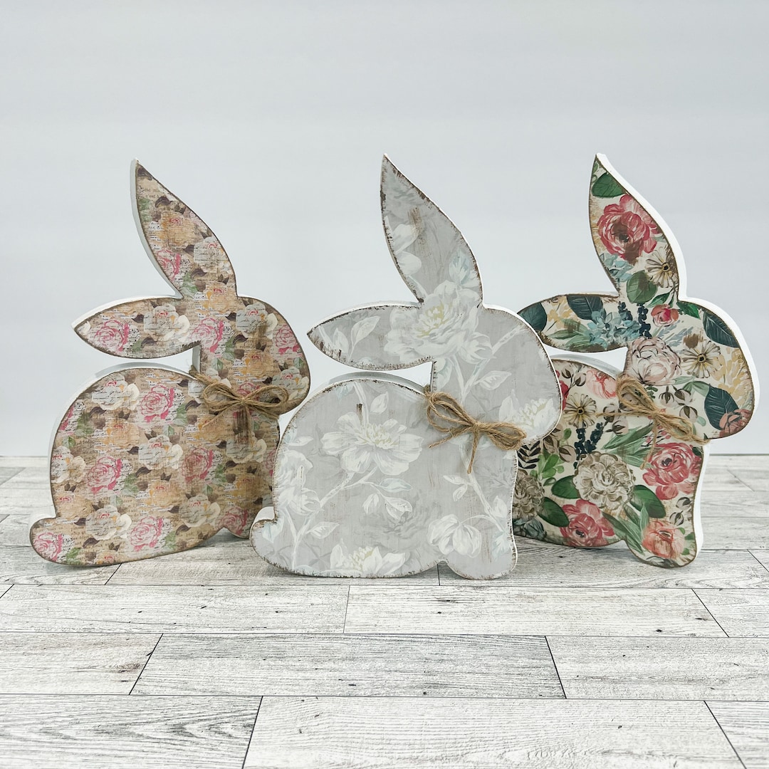 Reversible Wood Bunny, Vintage Floral Rabbit, Baby Shower Gift, Rustic ...