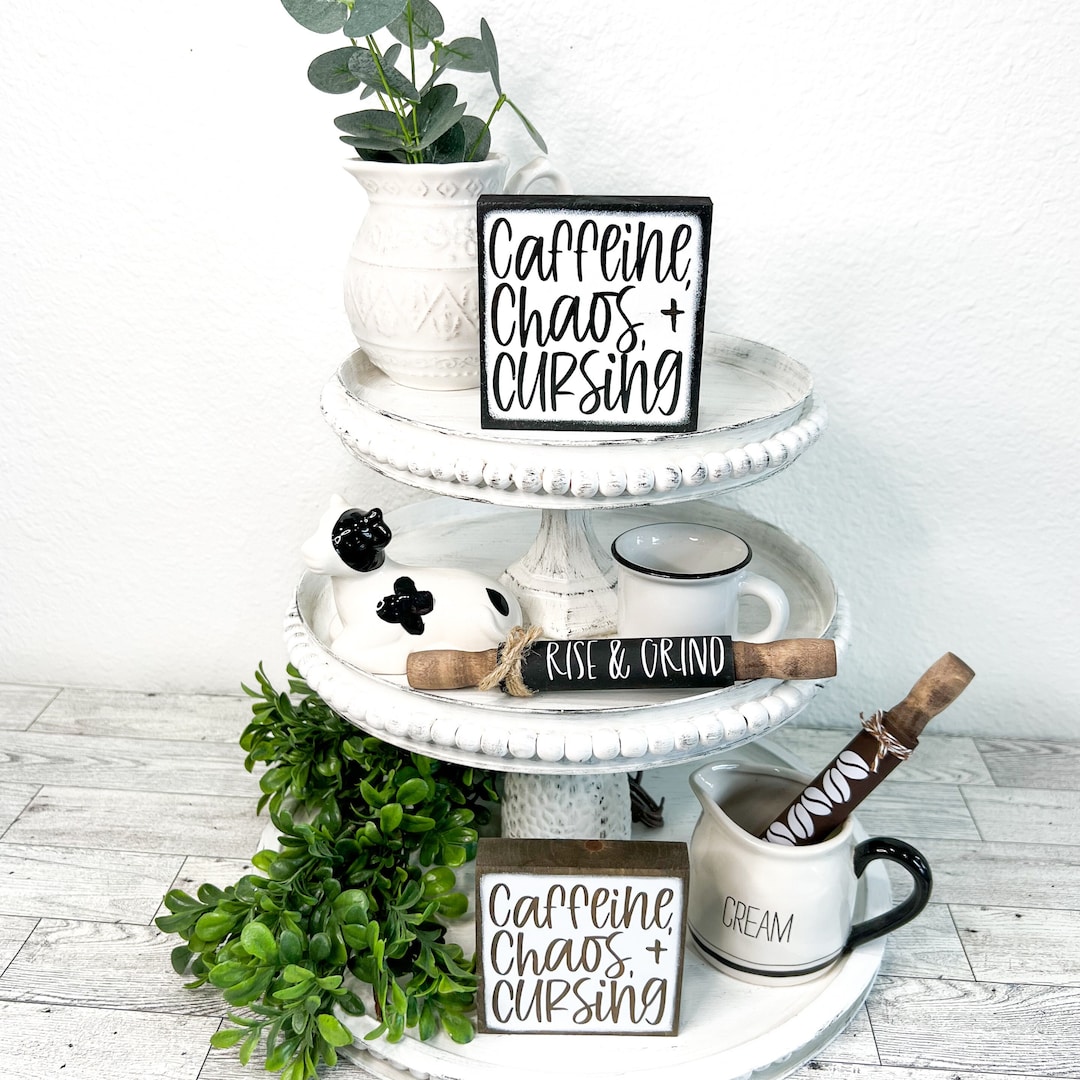 Caffeine Chaos and Cursing Sign, Coffee Bar Decor, Coffee Tiered Tray ...