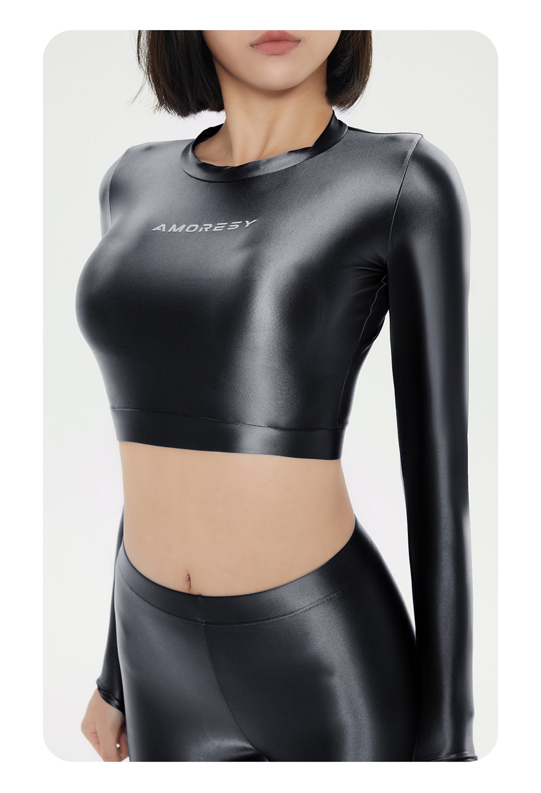 Amoresy Shiny Glossy Satin Spandex Silk Oily Luster Long Sleeve Exposed