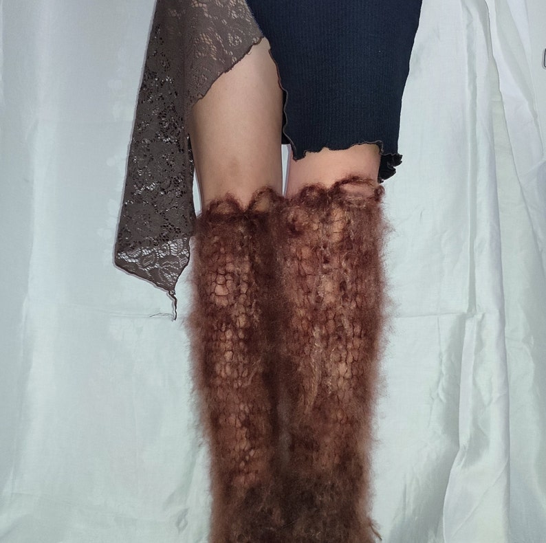 Hand Knitted Mohair Leg Warmers, Brown Fuzzy Soft Warm Sheer Leg ...