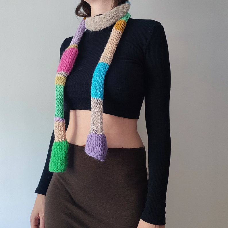 Hand Knitted Skinny Scarf, Colorful Fun Striped Y2k Fall Accessory - Etsy