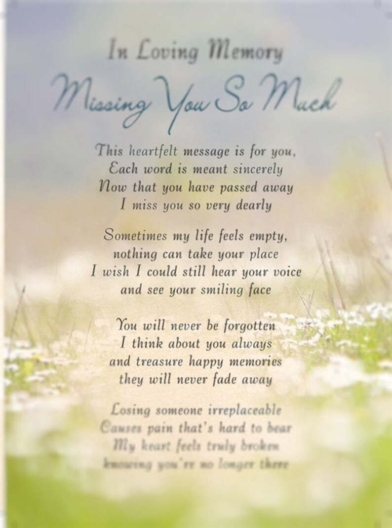 Large A4 Digital Graveside Memorial Mourning Poem. Missing You so Much ...
