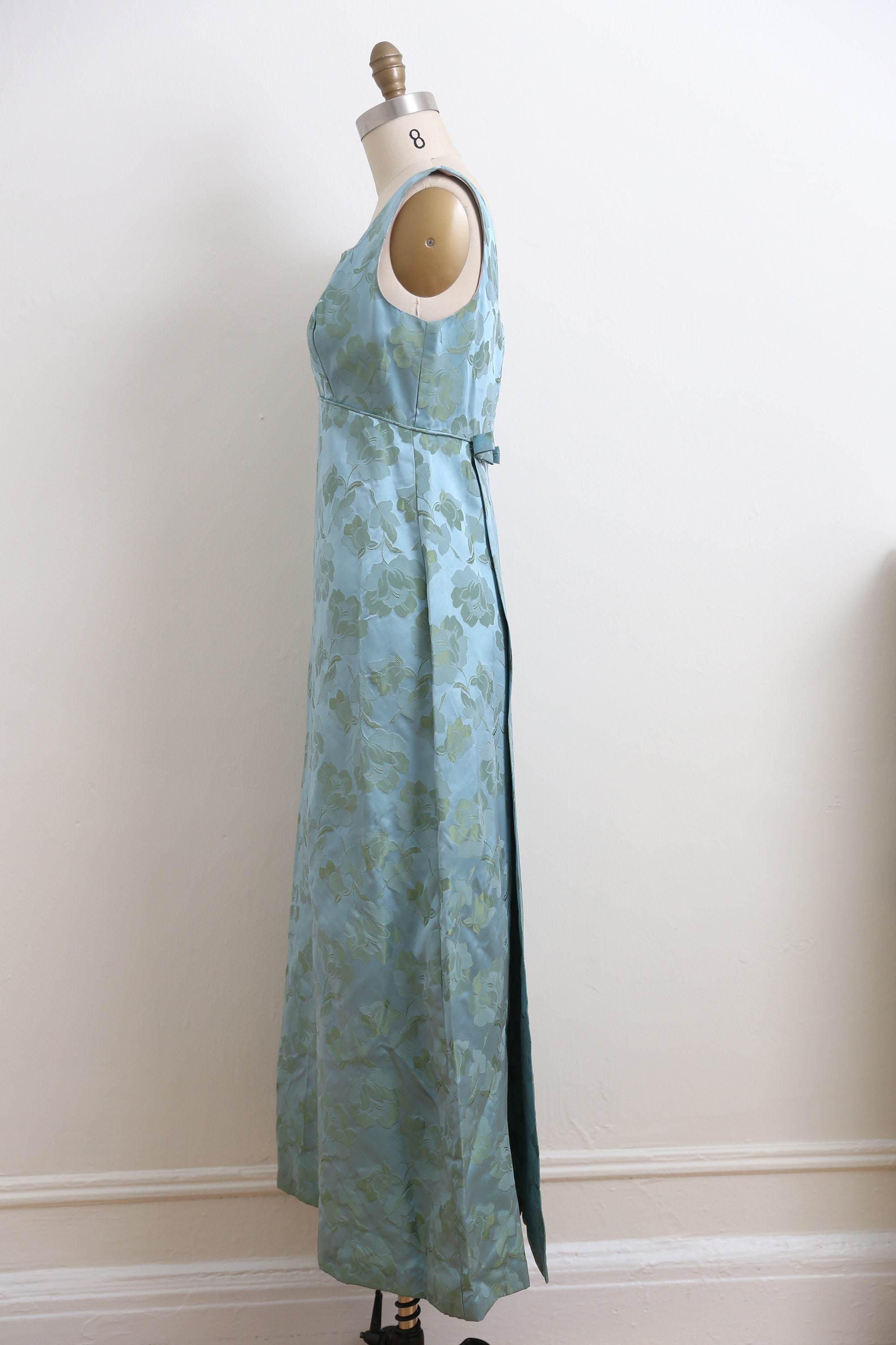 VINTAGE 1960's Light Blue Empire Waist Floral Damask Gown With Watteau ...