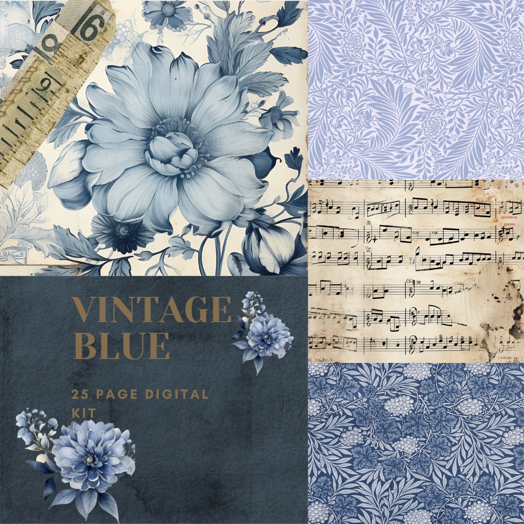 Vintage Blue Junk Journal Printable Kit, Floral Digital Download ...