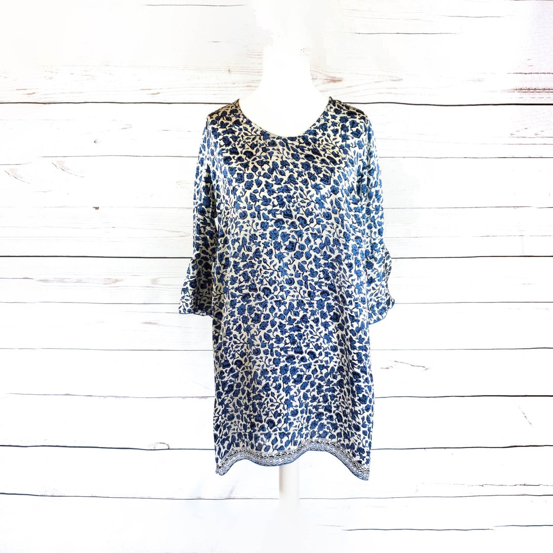 Silk Shift Dress Blue and White Silk Dress Silk Knee-length Dress ...