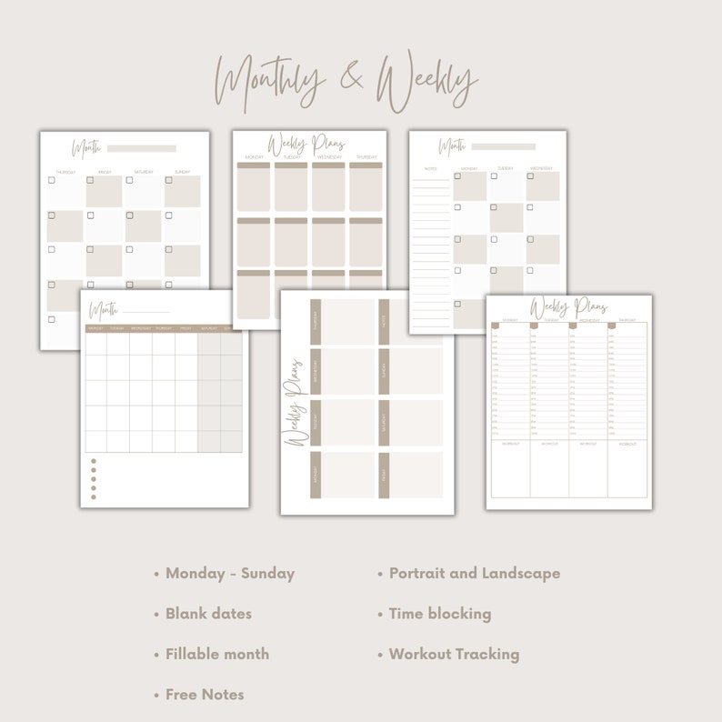 Minimalist Neutral Printable Planner Bundle: Daily, Weekly, Monthly ...