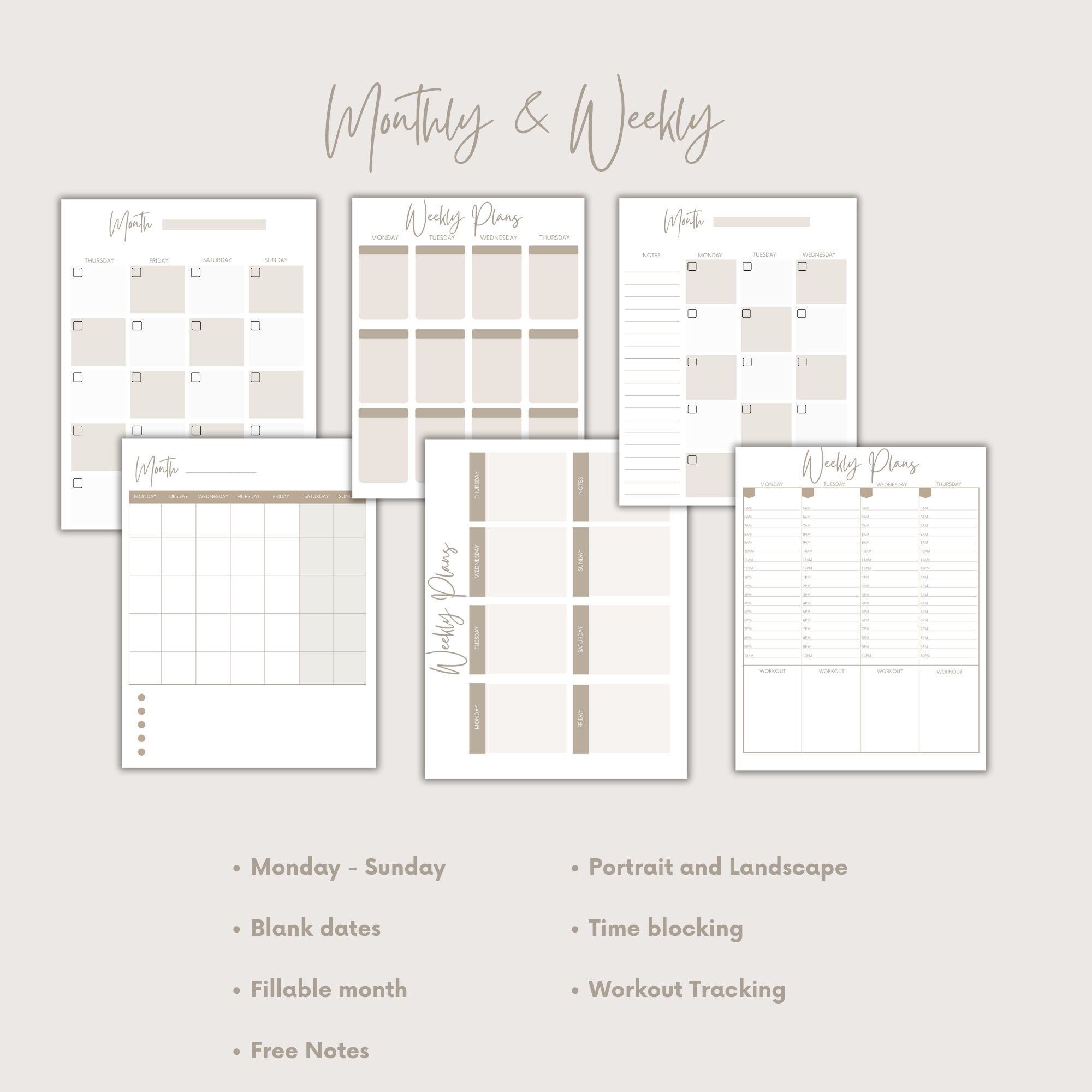 Minimalist Neutral Printable Planner Bundle: Daily, Weekly, Monthly ...