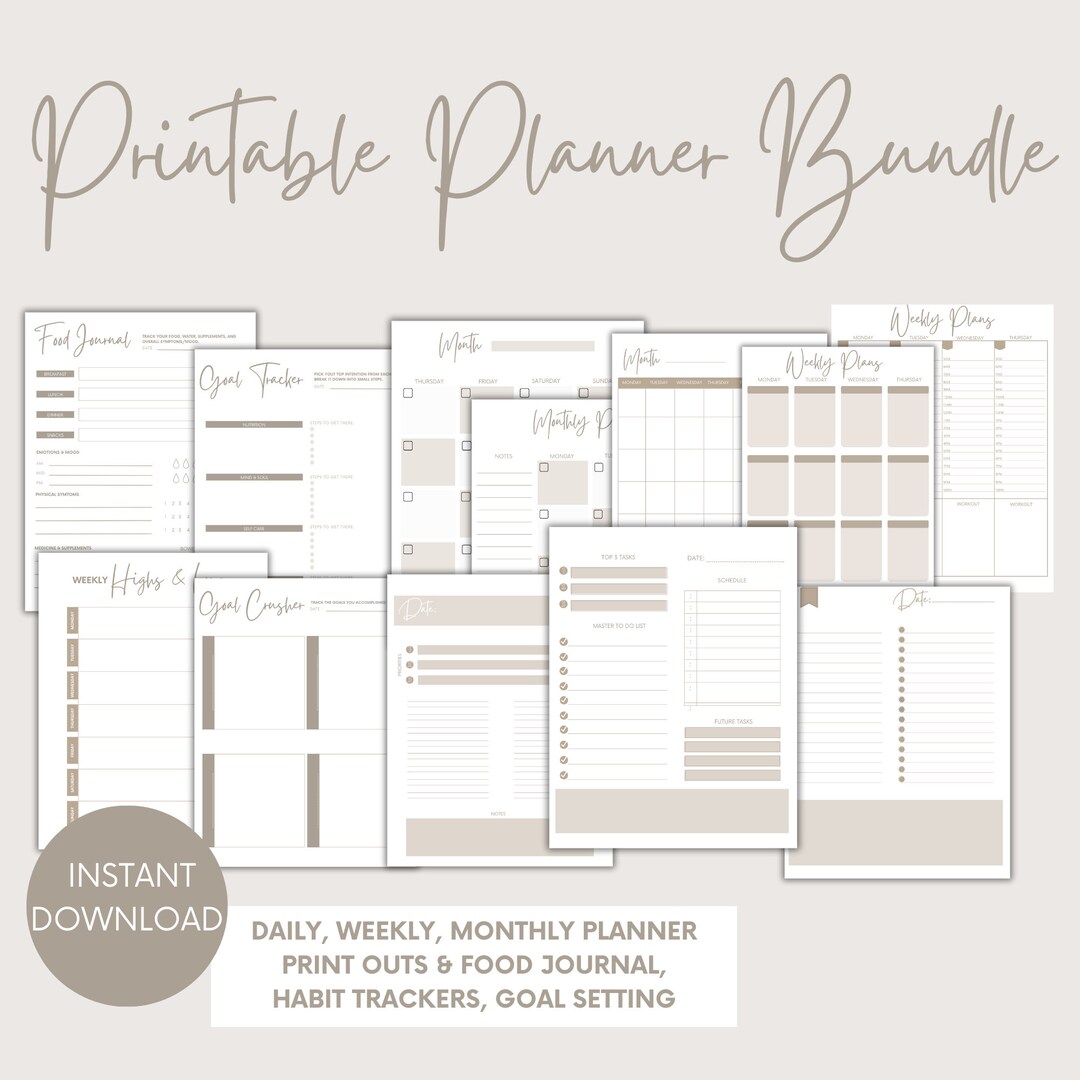 Minimalist Neutral Printable Planner Bundle: Daily, Weekly, Monthly ...