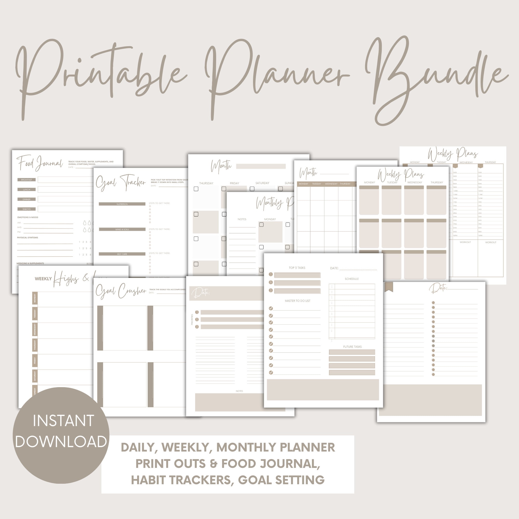 Minimalist Neutral Printable Planner Bundle: Daily, Weekly, Monthly ...