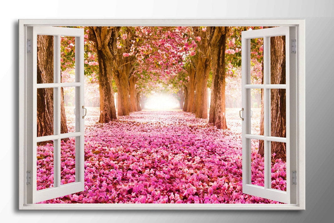Stunning Pink Tree Blossom Flowers Open Window Canvas Print Beautiful ...