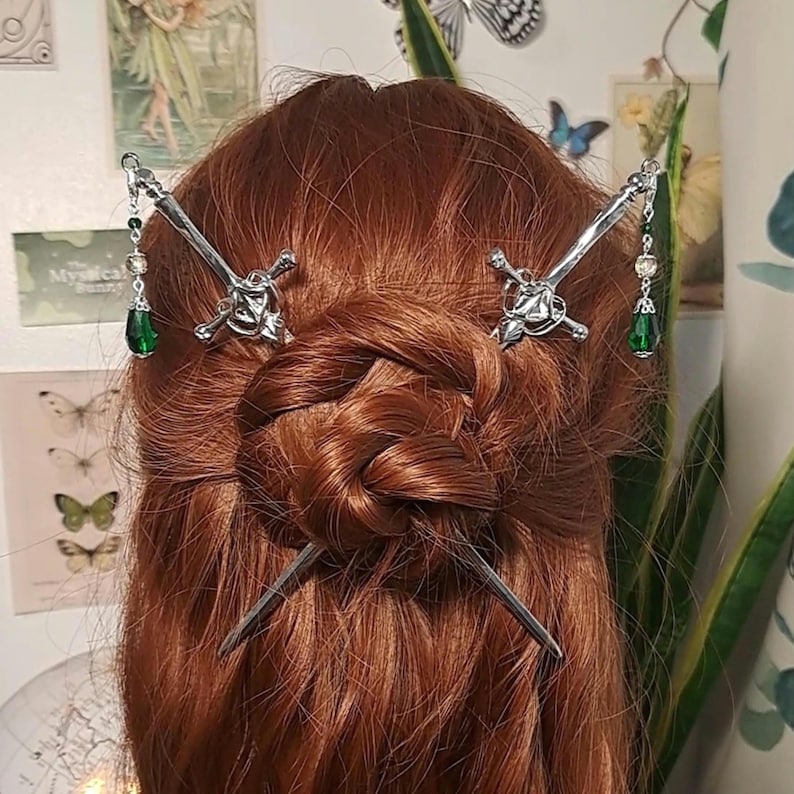 Silver Tone Sword Hair Pins With Green Glass Beaded Charms. 20cm Hair ...