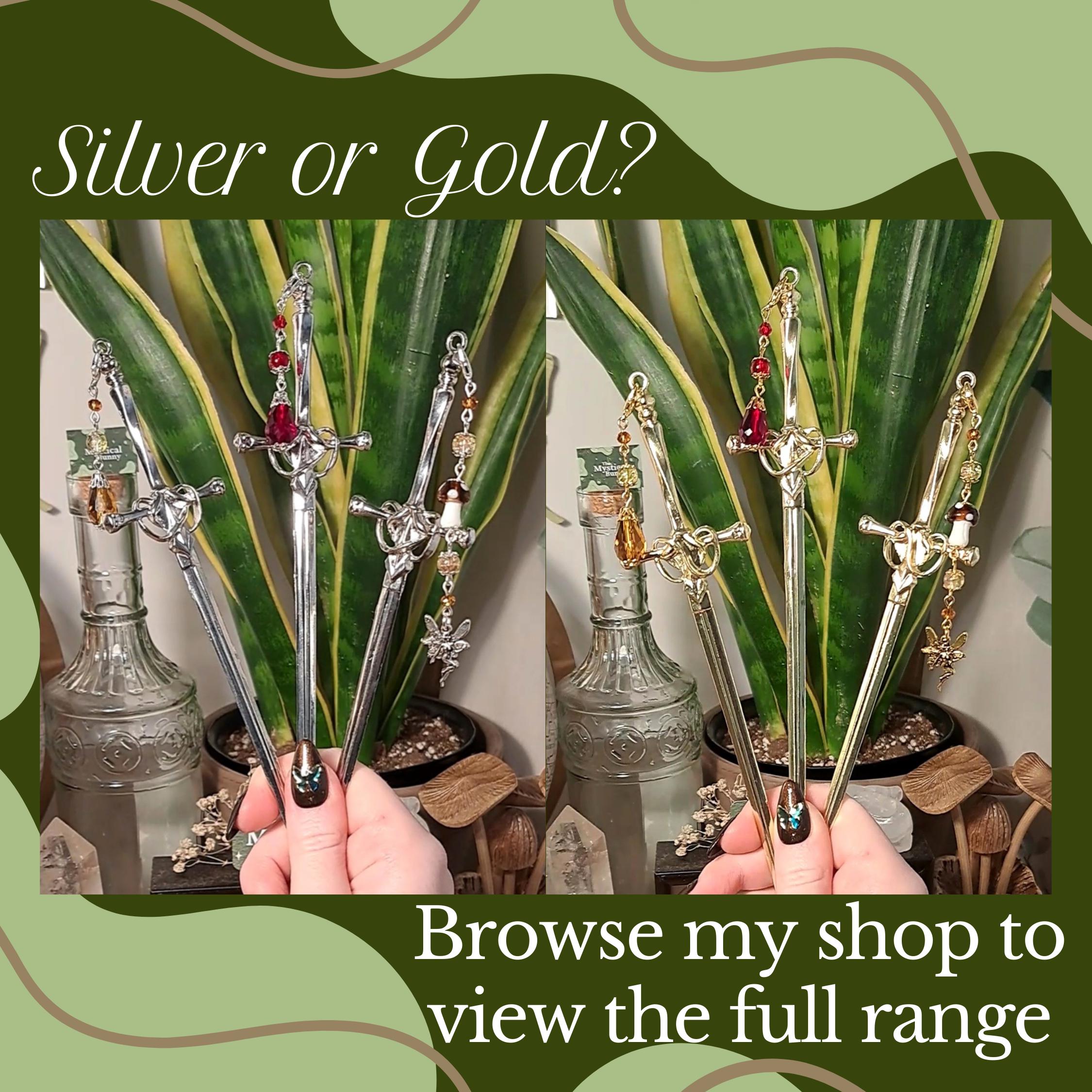 Silver Tone Sword Hair Pins With Green Glass Beaded Charms. 20cm Hair ...