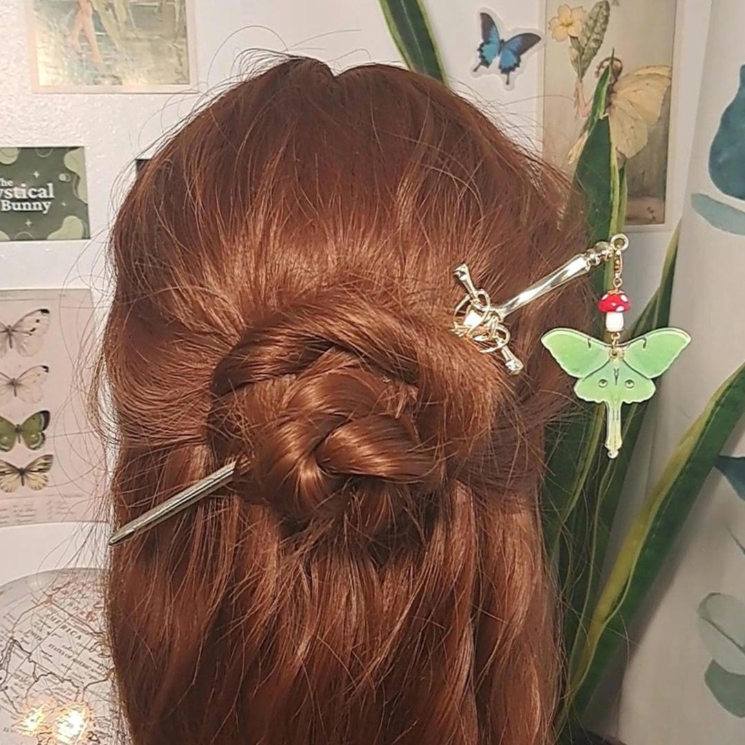 Red Mushroom and Luna Moth Sword Hair Stick Silver or Gold Tone. 20cm ...