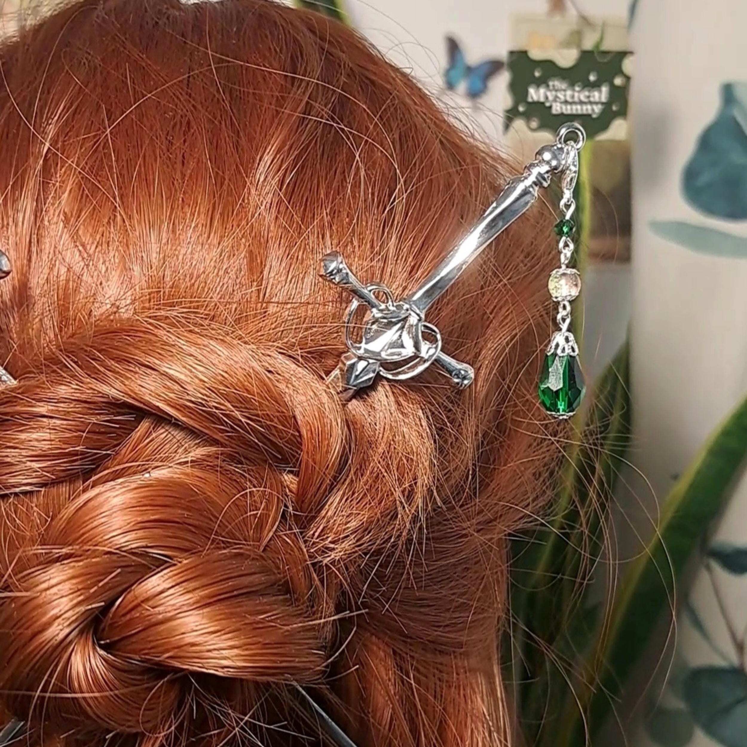 Silver Tone Sword Hair Pins With Green Glass Beaded Charms. 20cm Hair ...