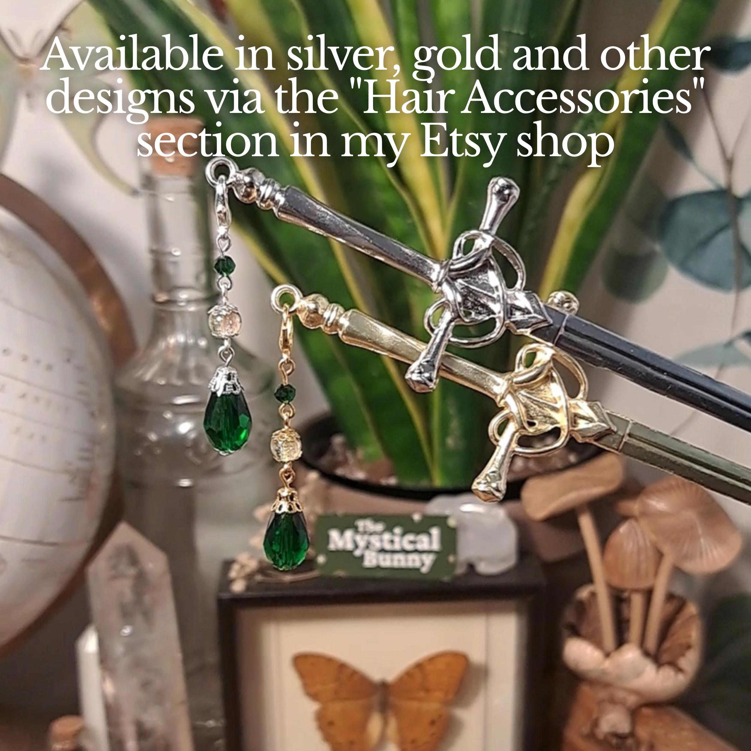 Silver Tone Sword Hair Pins With Green Glass Beaded Charms. 20cm Hair ...