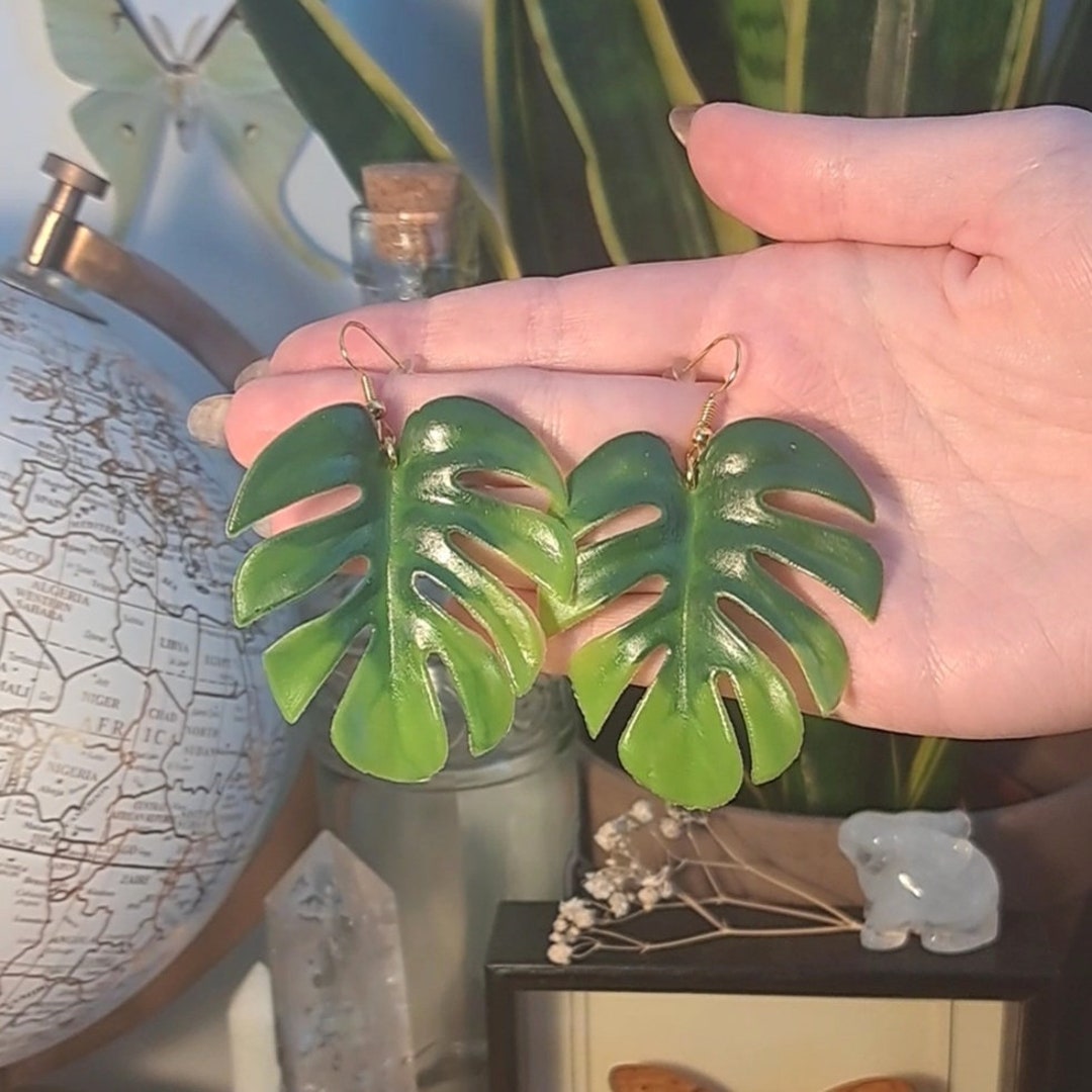 Gold or Silver Tone Green Monstera Leaf Earrings. 55mm Leaf. Plant Mom ...
