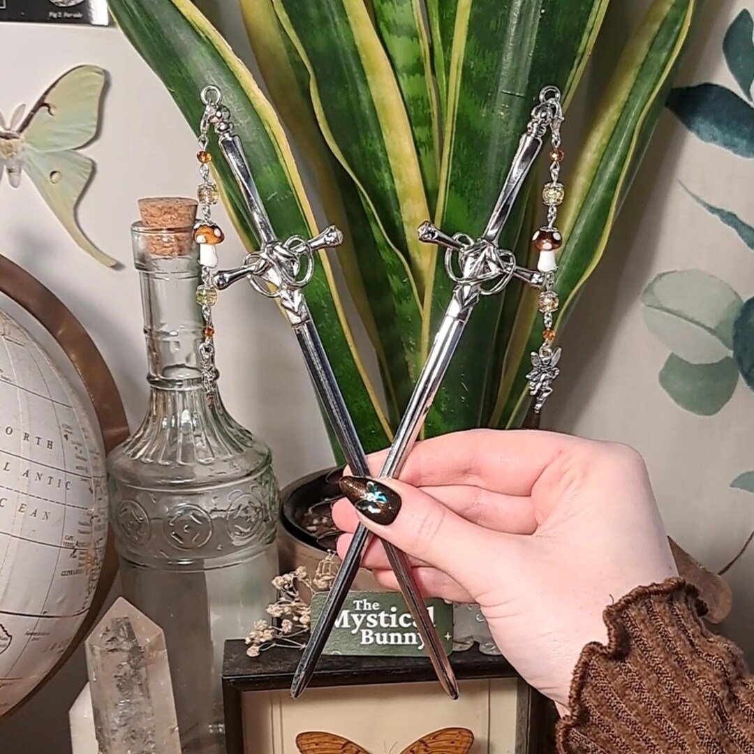 Silver Tone Set of Sword Hair Pins With Glass Beaded Charms. 20cm Hair ...