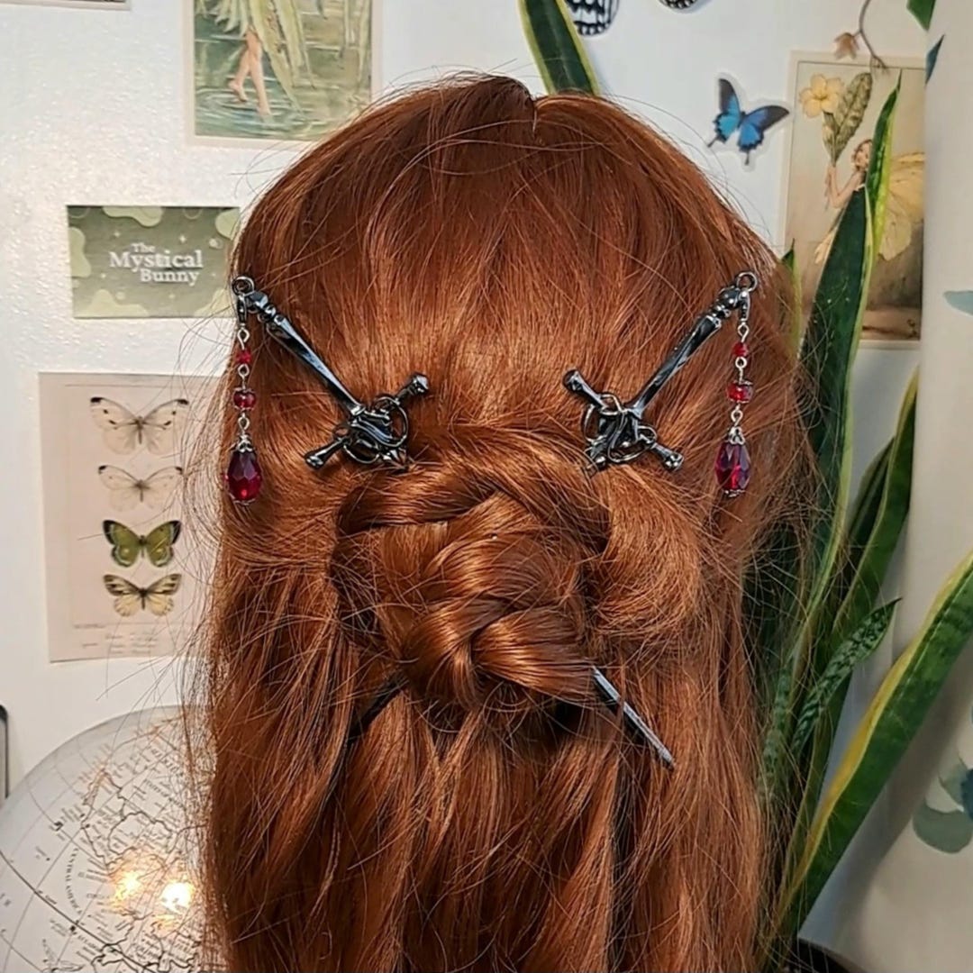 Dark Grey Sword Hair Pins With Deep Red Glass Beaded Charms. 20cm Hair ...