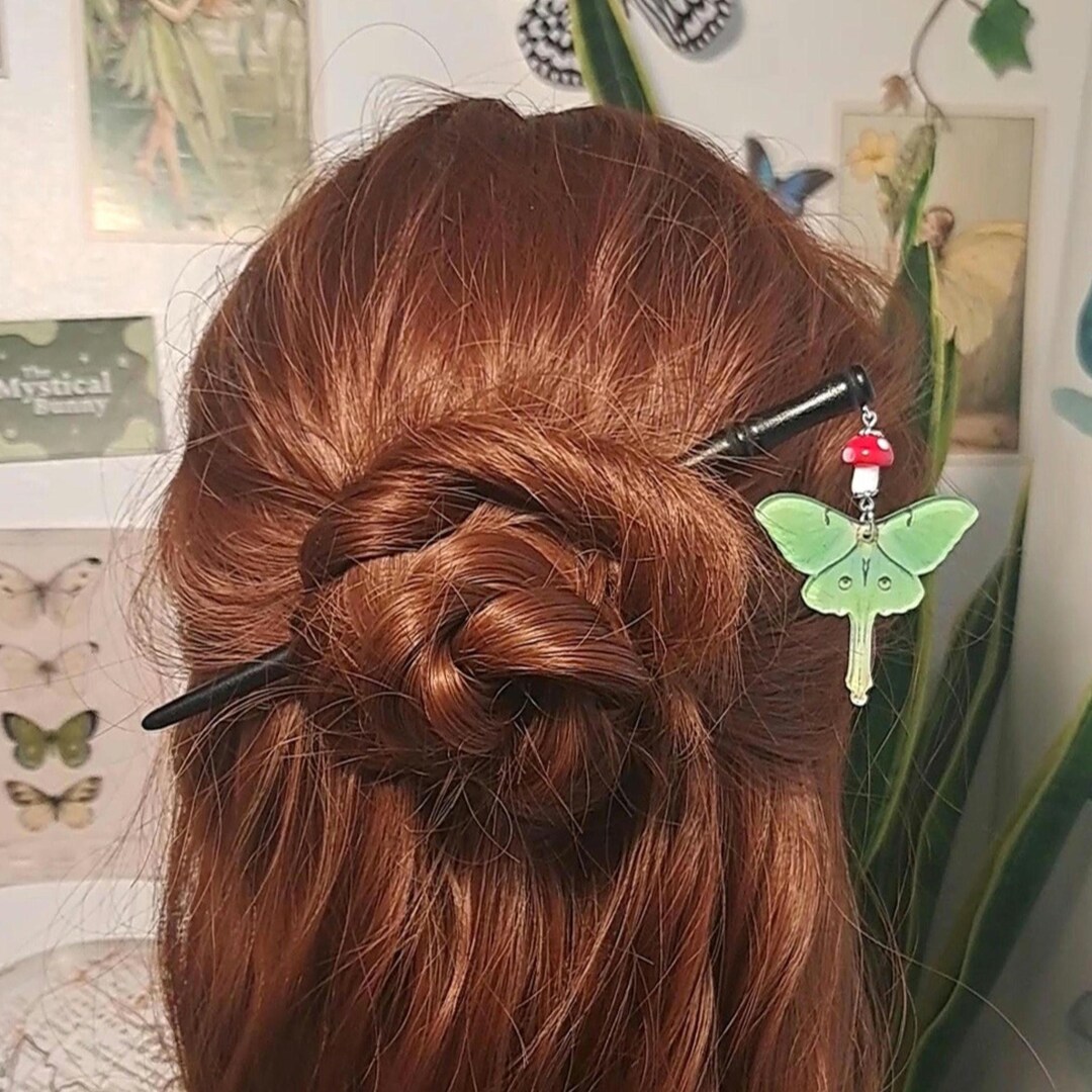 Red Mushroom and Luna Moth Hair Stick. 18cm Black Wooden Hair Pin ...