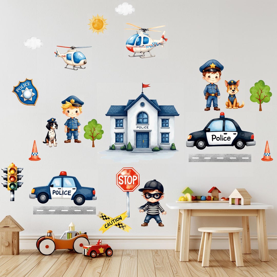 Police Nursery Wall Decal City Police Wall Sticker Helicopter Wall Art ...