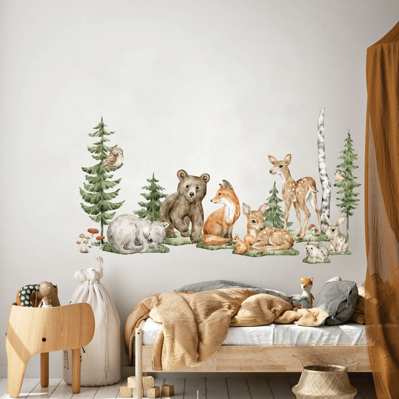 Forest Tree Nursery Wall Decal Watercolor Forest Animals - Etsy
