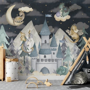 Dragon Nursery Wallpaper Fairy Castle Wall Art Sky and Clouds Forest ...