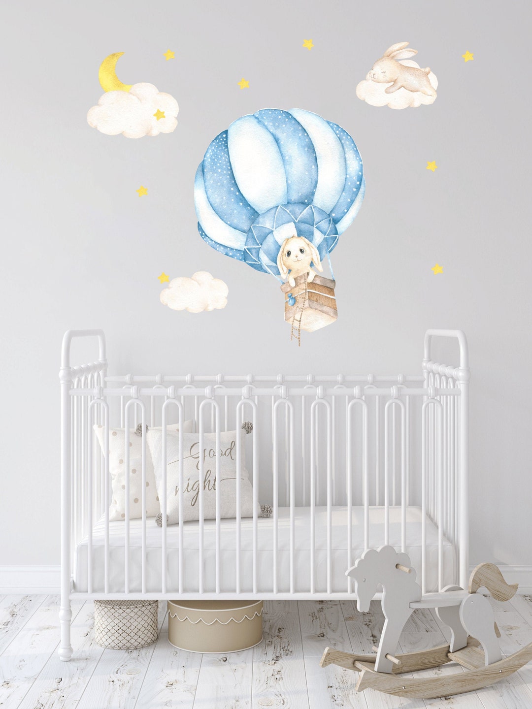 Hot Air Balloon Wall Decal, Watercolor Air Balloon Wall Sticker, Bunny Rabbit, Nursery Wall ...
