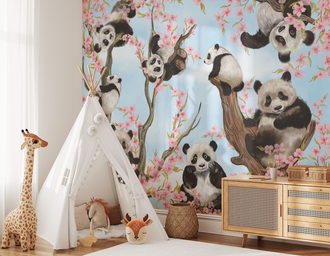 Panda Family Wallpaper Nursery Wall Decor Large Sakura Tree Safari ...