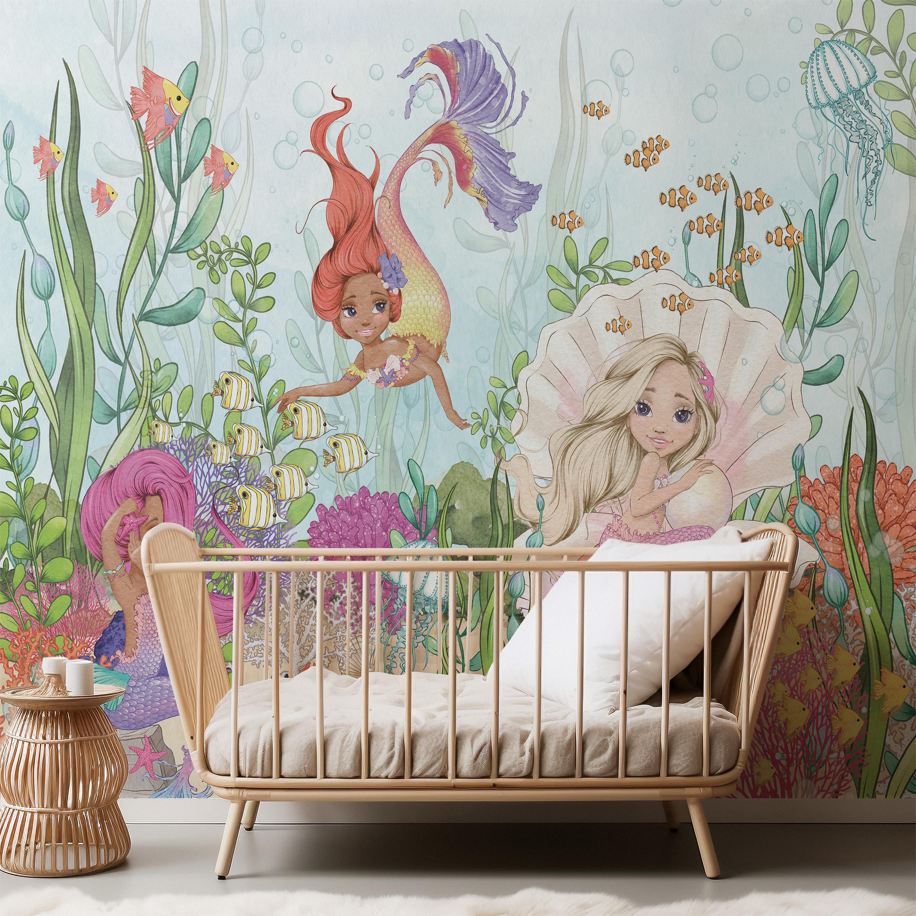 Mermaid Nursery Wallpaper Underwater Wall Mural for Girls Room Peel and ...