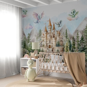 Dragon Nursery Wallpaper Fairy Castle Wall Art Sky and Clouds Forest ...