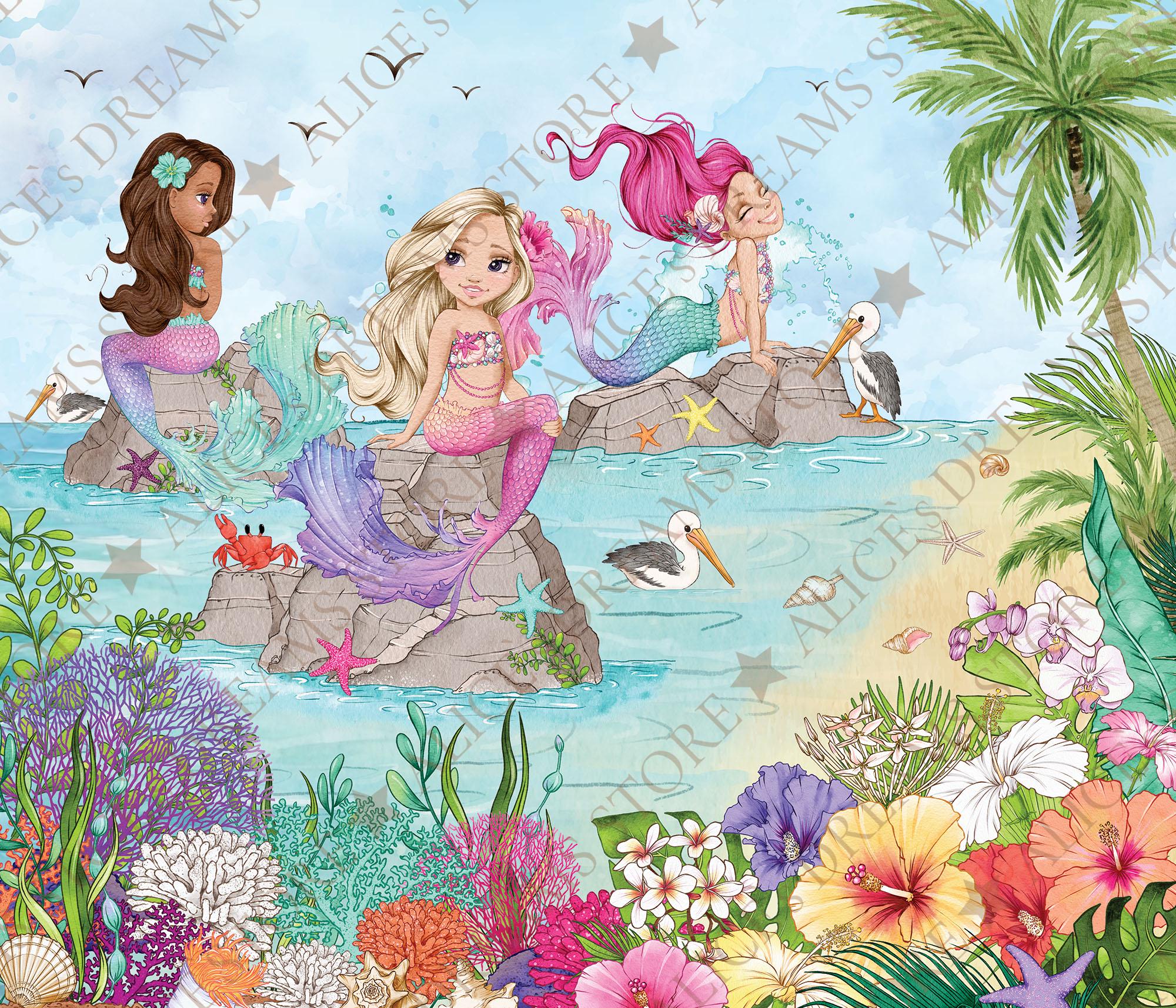 Mermaid Nursery Wallpaper Underwater Wall Mural for Girls Room Peel and ...
