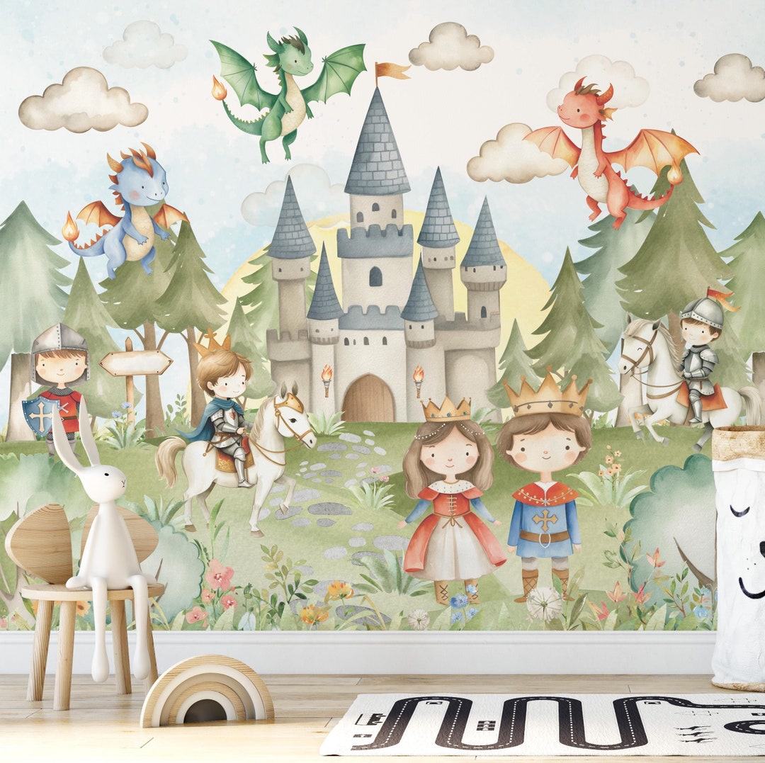 Dragon Nursery Wallpaper Princess and Knights Wall Mural Fairy Castle ...