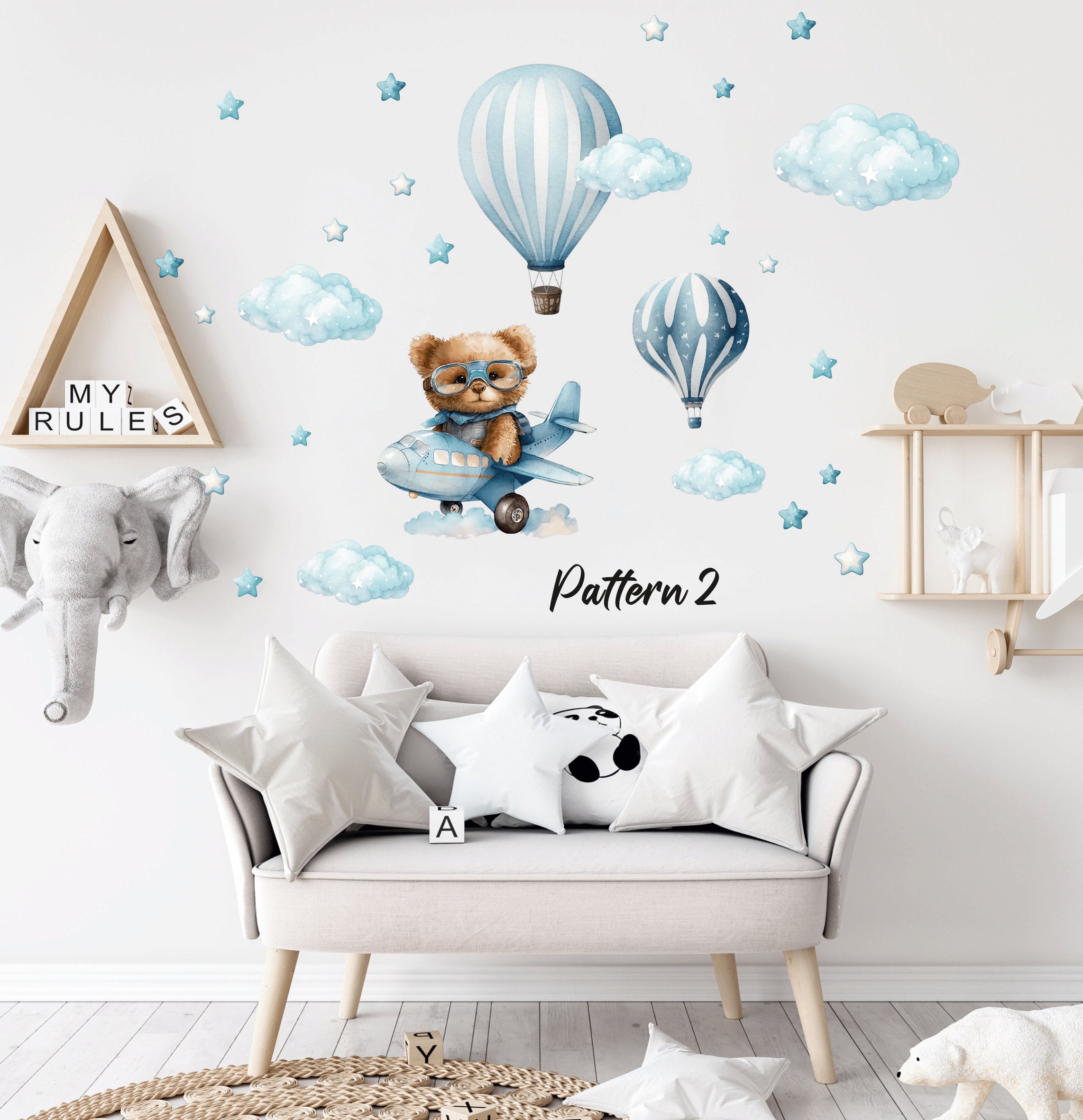 Teddy Bear Nursery Wall Decal, Airplane Wall Decals for Boys, Hot Air ...