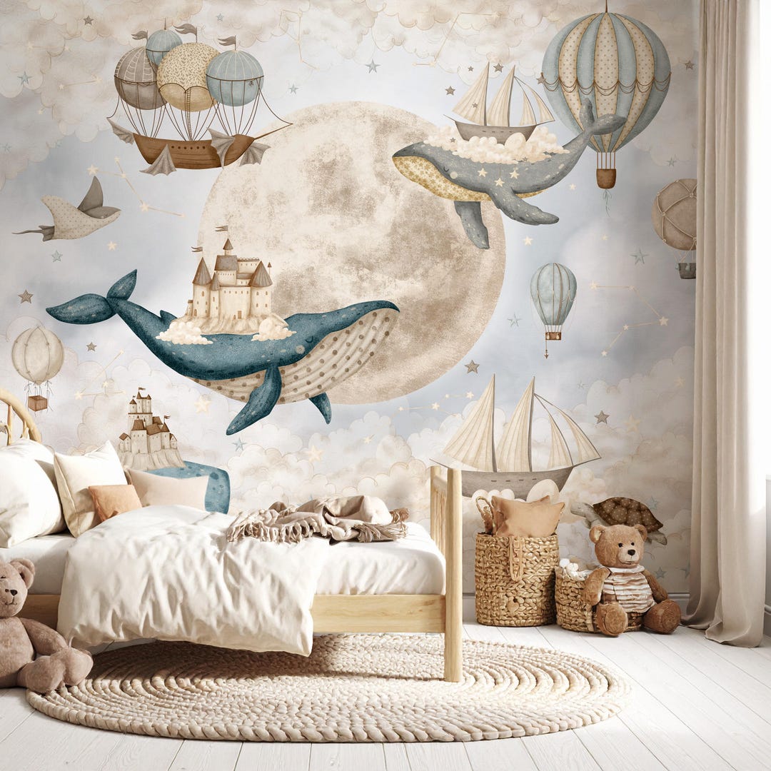 Whales and Hot Air Balloon Nursery Wallpaper Dreamy Ocean Sky Wall ...