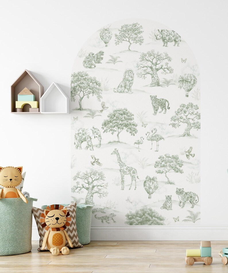 Chinoiserie Arch Nursery Wall Decal Green Toile De Jouy Backdrop Safari ...