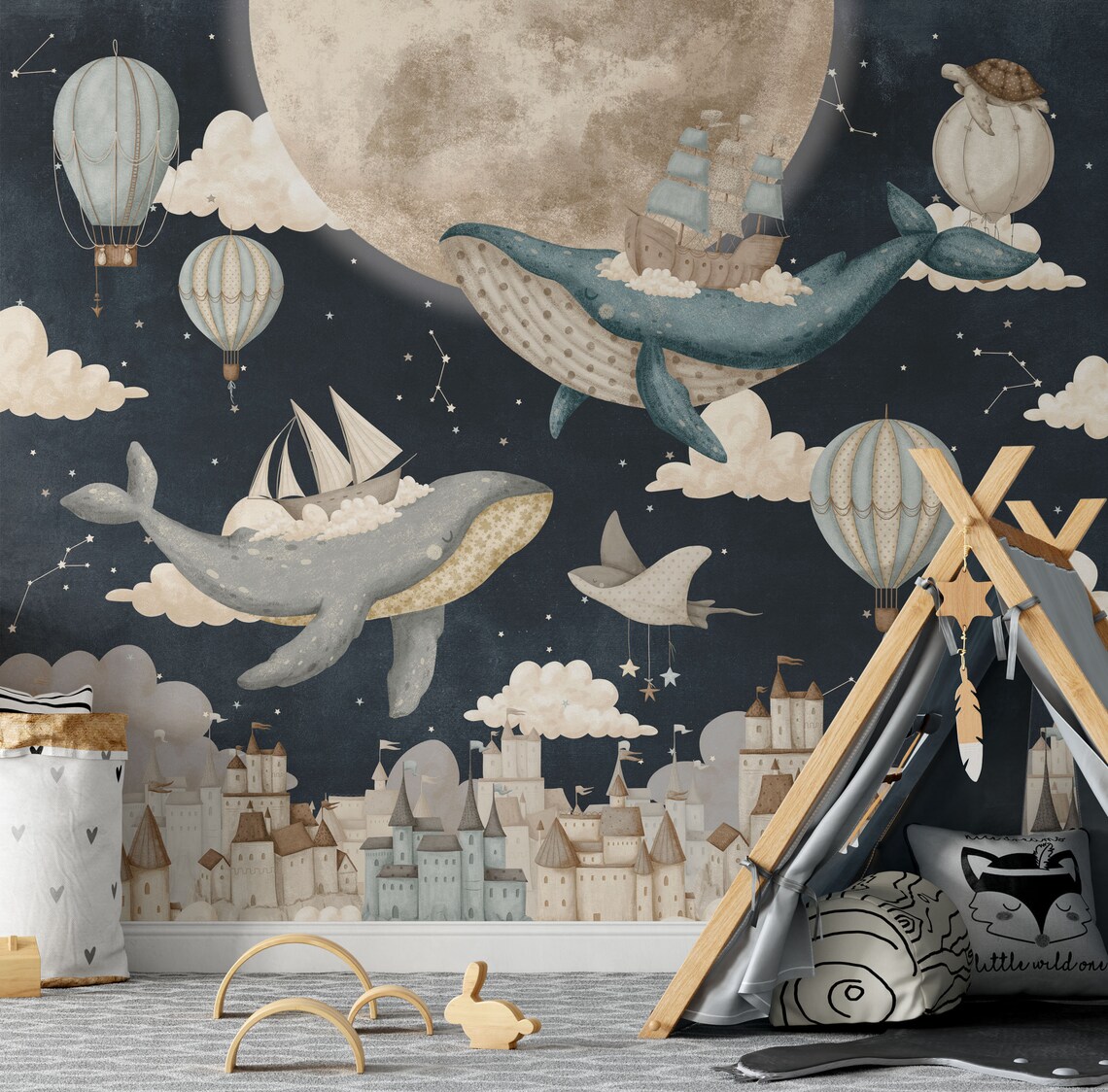 Whales and Ships Wallpaper, Nursery Wall Mural, Space and Stars Wall ...