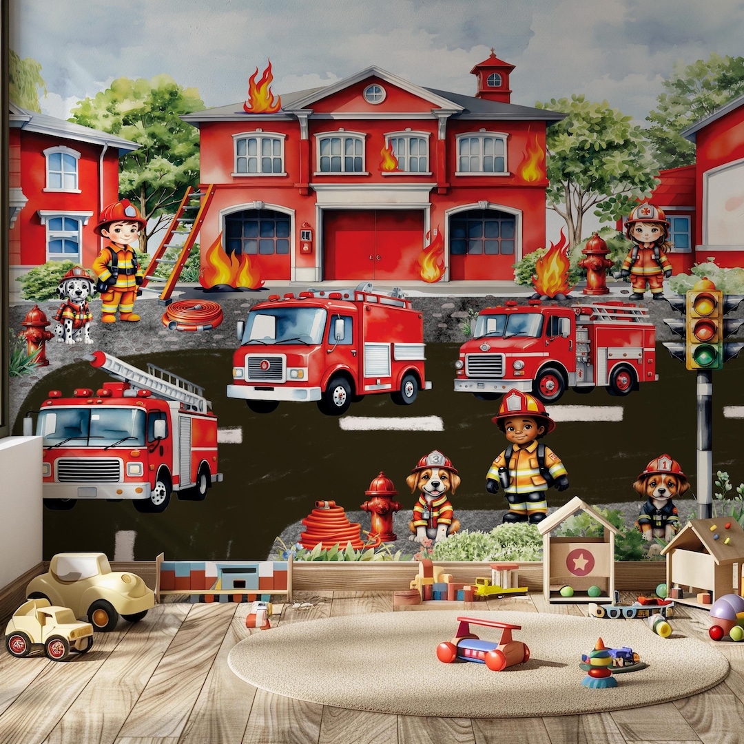 Firefighter Nursery Wallpaper for Boys Watercolor Fire Truck Wall Mural ...