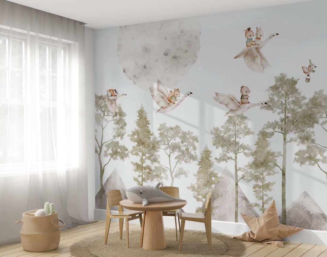Forest Animals Wallpaper, Nursery Wall Mural, Mountain and Trees ...