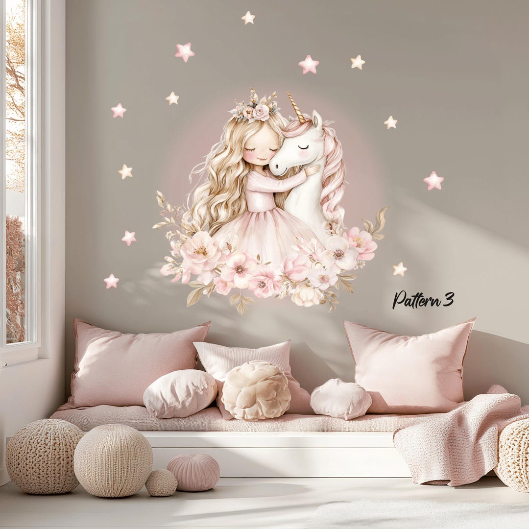 Princess and Unicorn Nursery Wall Decal Girl on Moon Wall Sticker Fairy ...