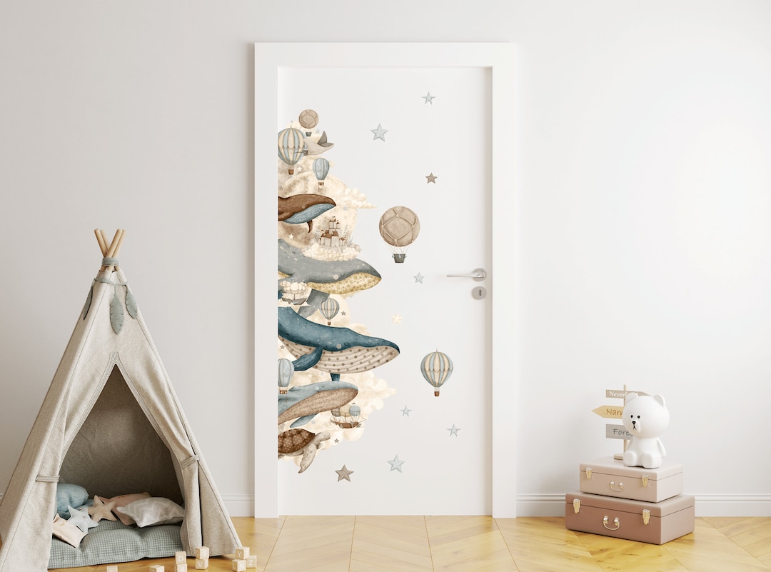 Nursery Door Decal, Whales and Ships, Watercolor Hot Air Balloons, Kids ...