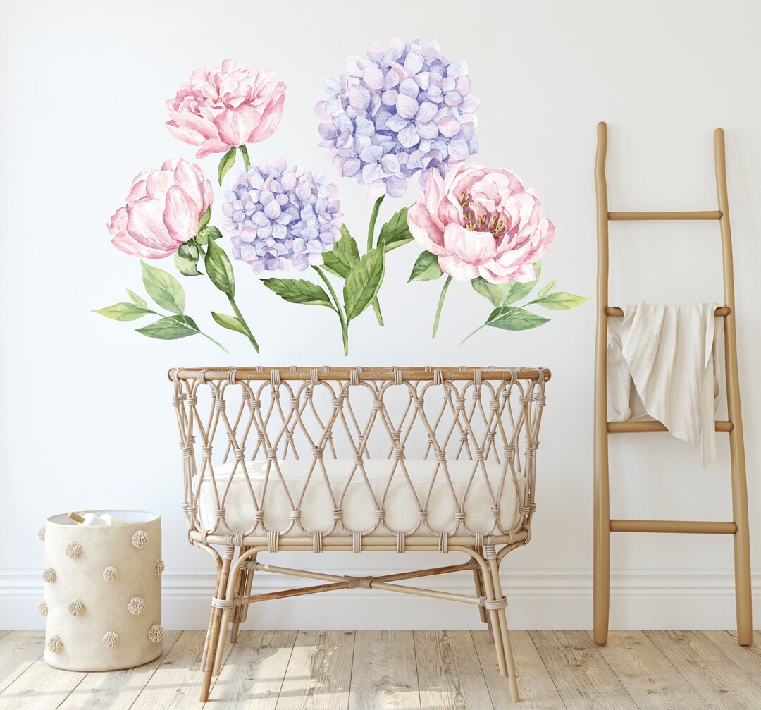 Peonies Nursery Wall Decal, Hydrangea Flower Wall Sticker, Soft Pink ...